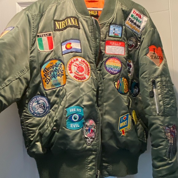 Jackets & Coats | Size Large Green Flight Jacket With Patches On Front ...